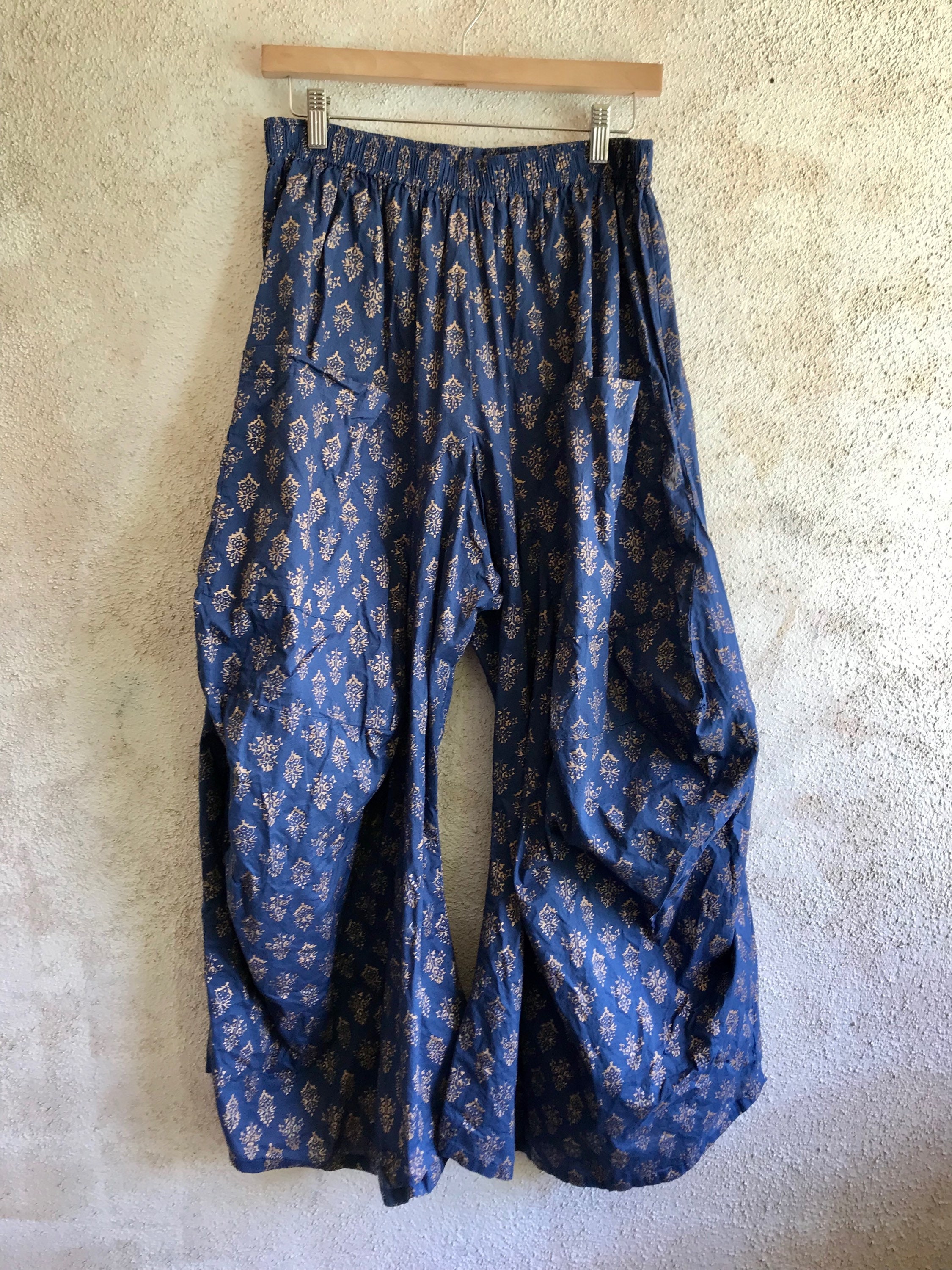 Navy cotton block print one size lagenlook pant