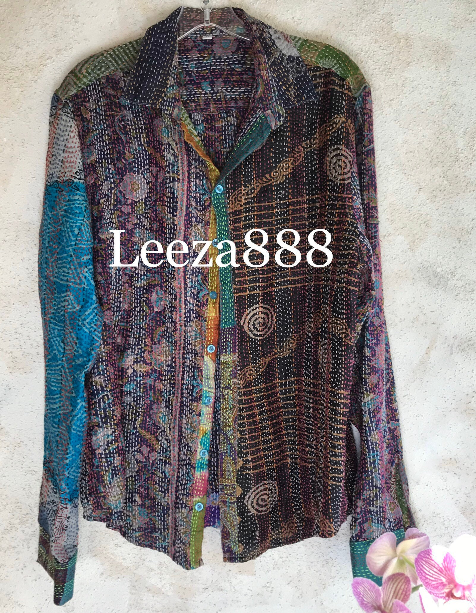 ARTISTS button down one of a kind reversible silk upcycled kantha shirt