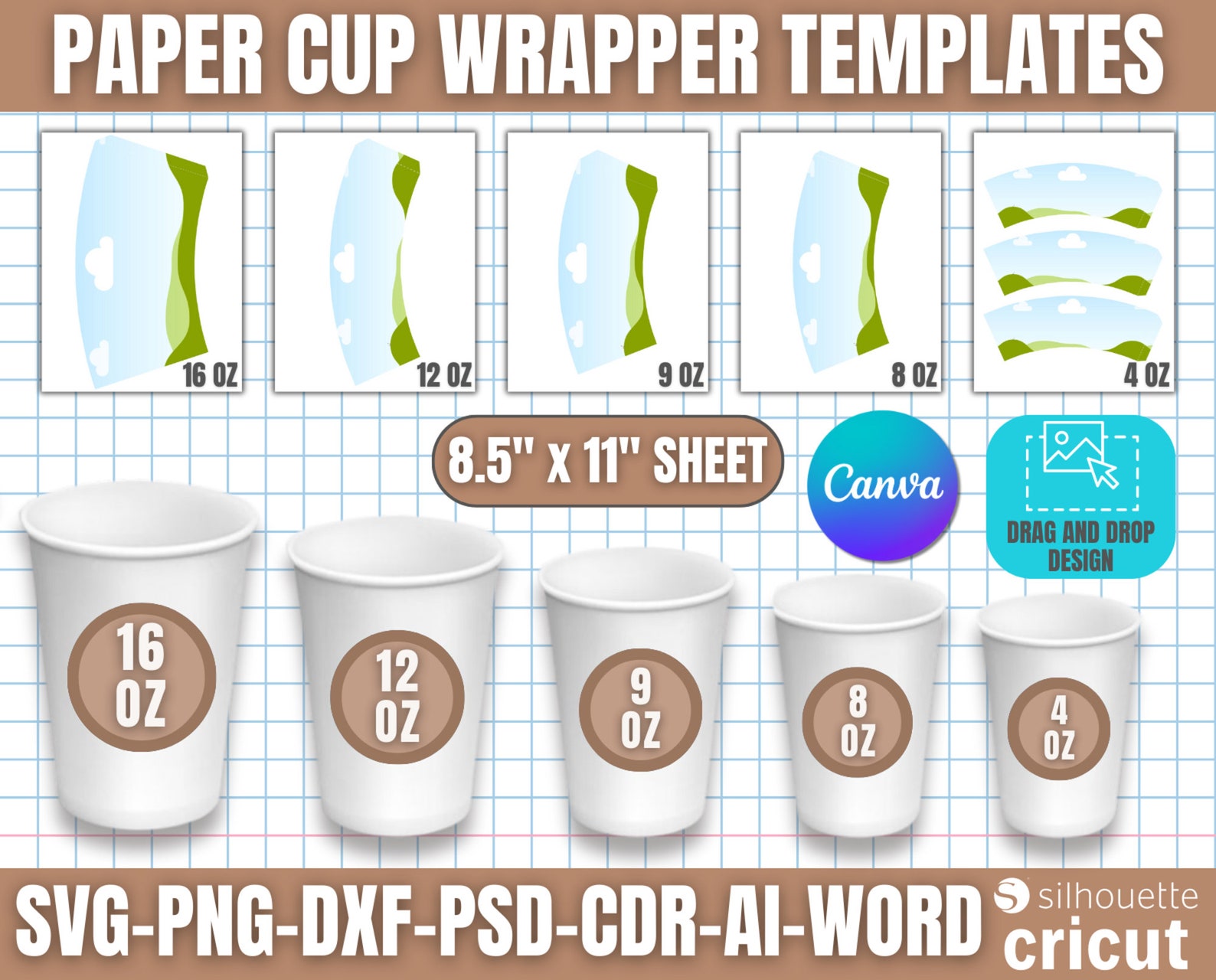 Paper Cup Wrapper Template, Paper Coffee Cup Template, Paper Cup ...