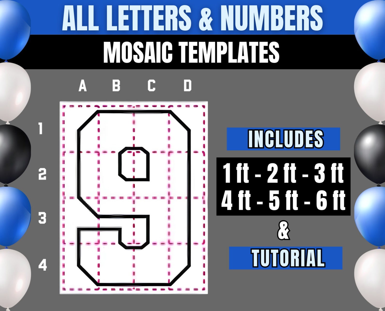 All Numbers Mosaic Balloon Templates, 1-6ft All Size Mosaic Balloon ...