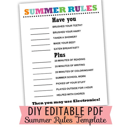 Summer Rules Editable PDF Kids Children Letter Size Template - Etsy