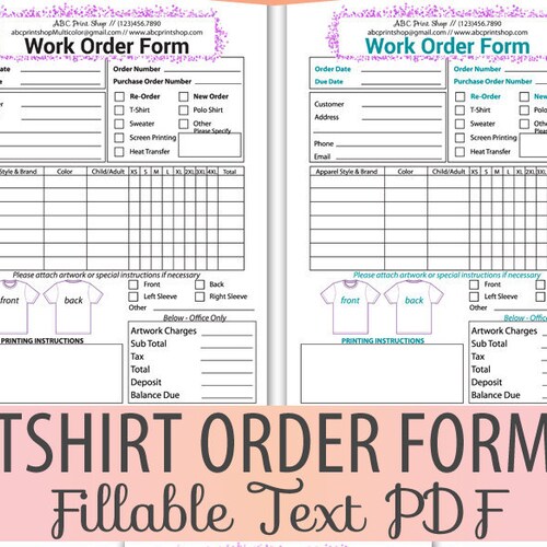 Fillable/editable Text Only PDF Tshirt Screen Print Work Order | Etsy