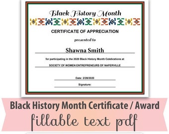Black History Month Certificate of Appreciation Editable PDF | Etsy
