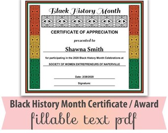 Black History Month Certificate of Appreciation Editable PDF | Etsy