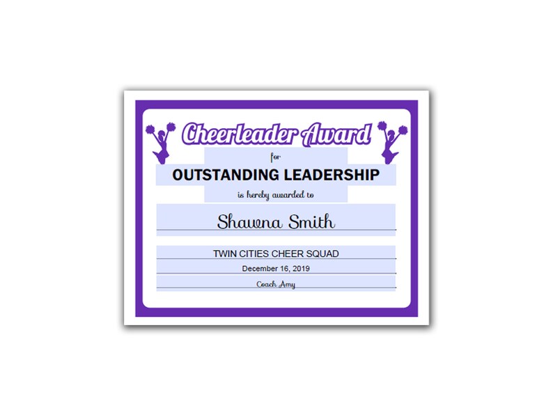 Cheerleader Cheer Certificate Editable PDF Purple Sports Team Diy ...