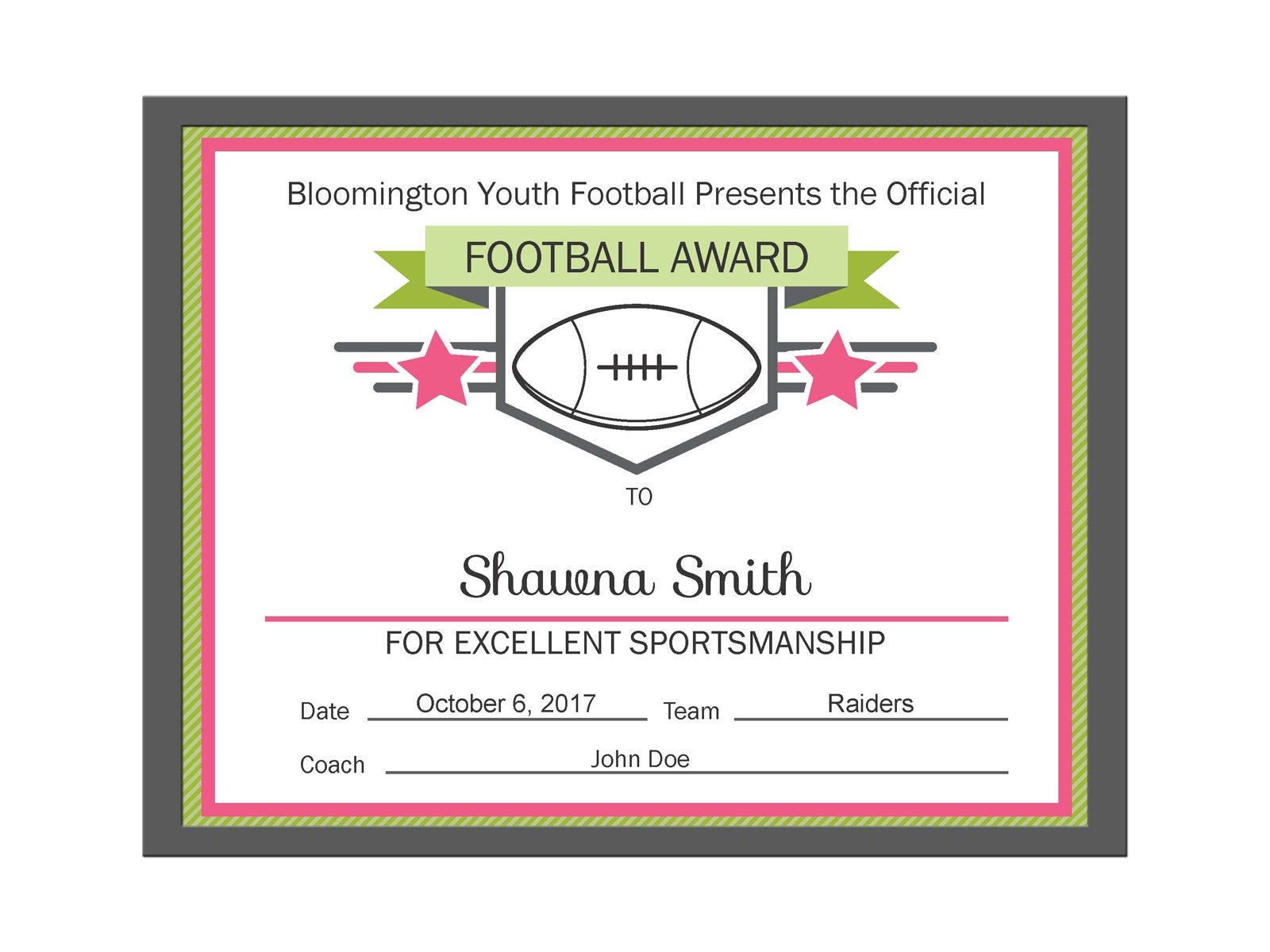 Editable PDF Sports Team Football Certificate Award Template | Etsy