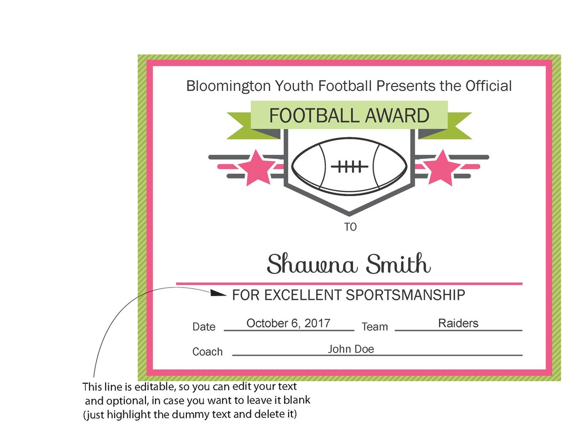 Editable PDF Sports Team Football Certificate Award Template - Etsy
