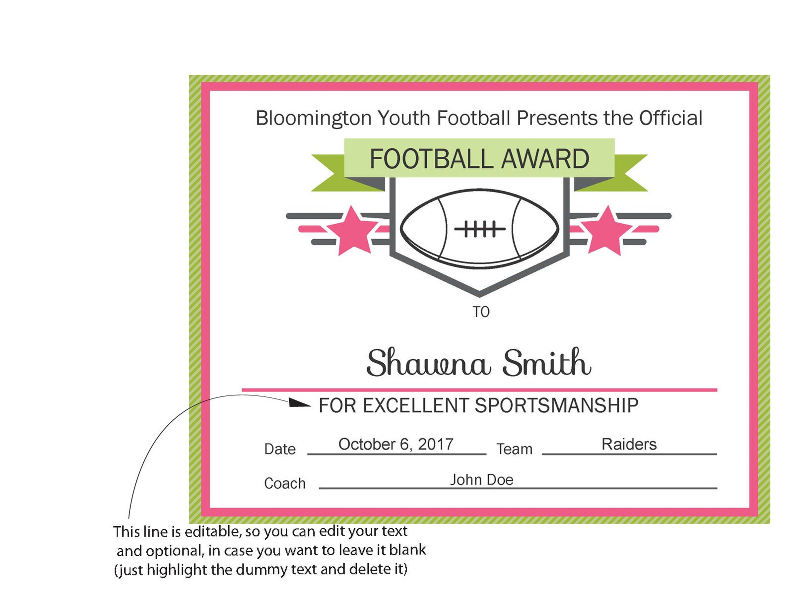 Editable PDF Sports Team Football Certificate Award Template - Etsy