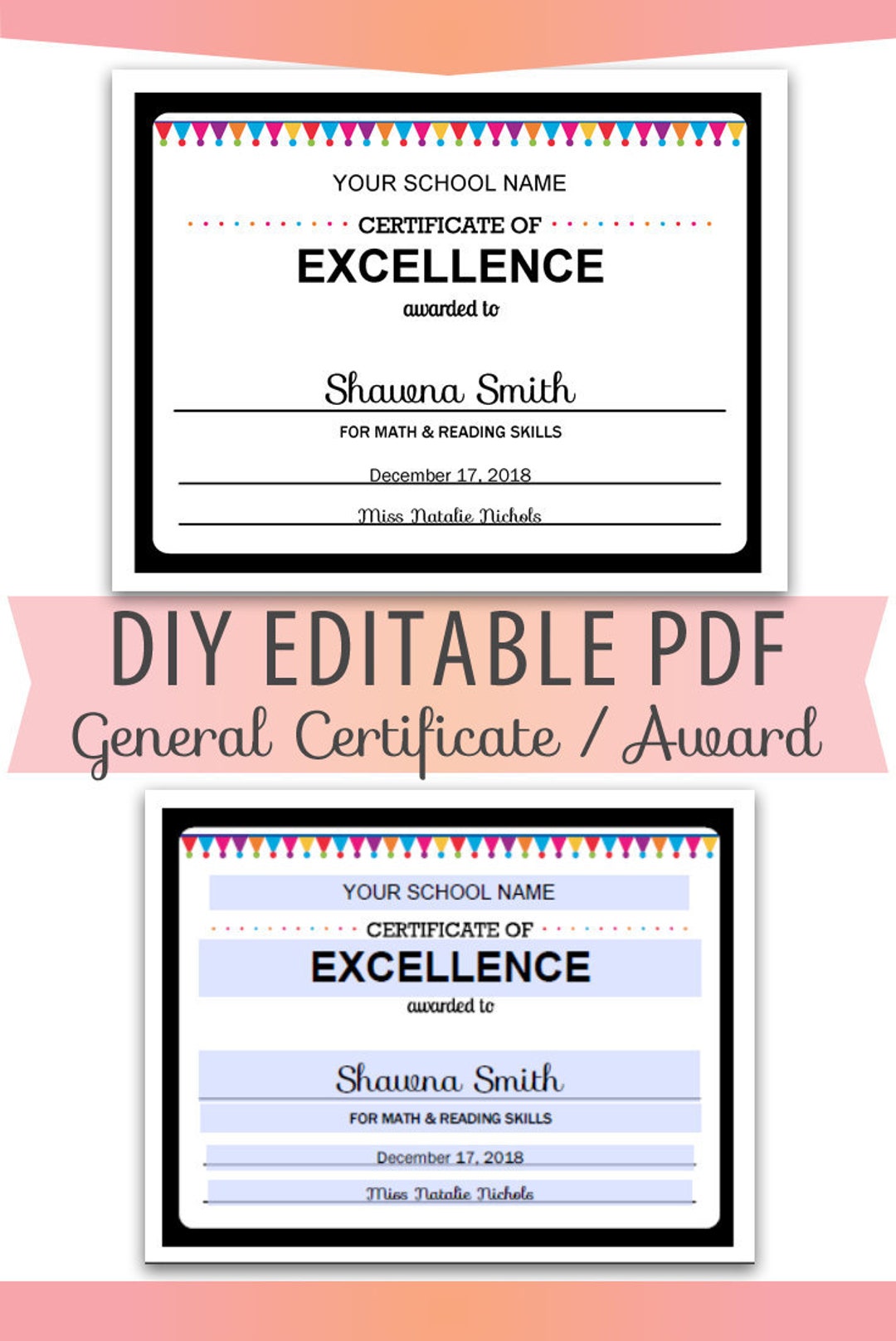 Editable PDF Kids Children Student Teacher Classroom Certificate Award ...