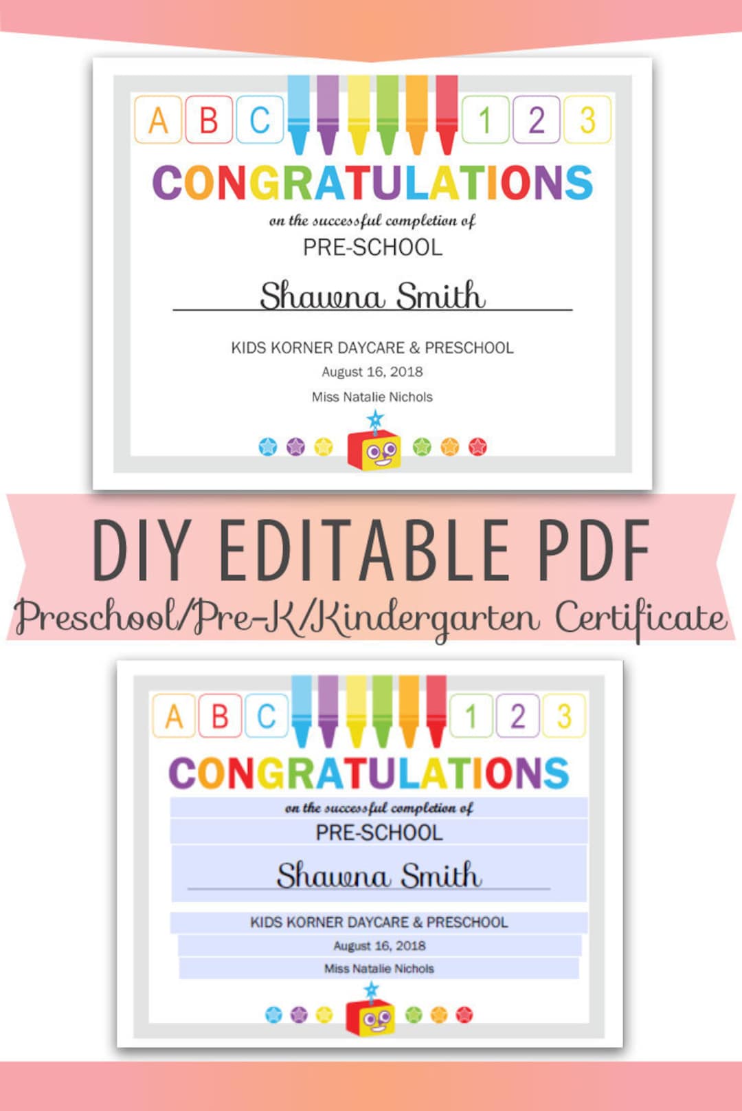 Editable PDF Kids Children Student Teacher Classroom Certificate Award ...