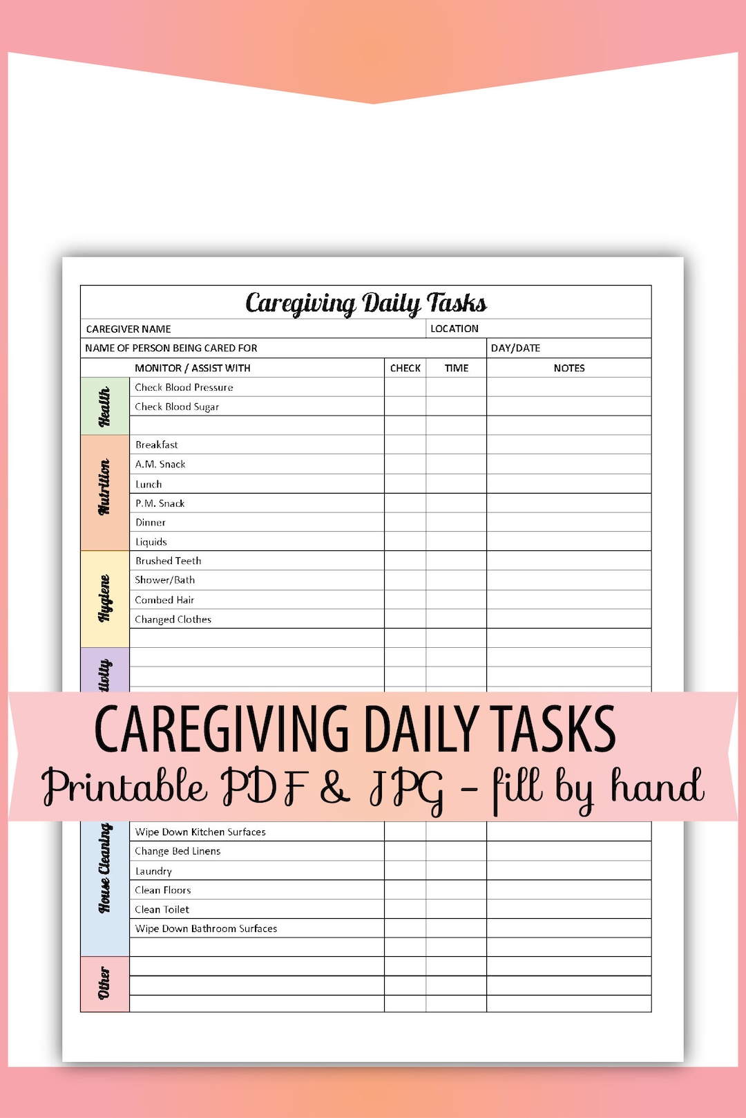 Caregiver Daily Tasks Form: Printable Checklist Template (PDF & JPG) - Etsy