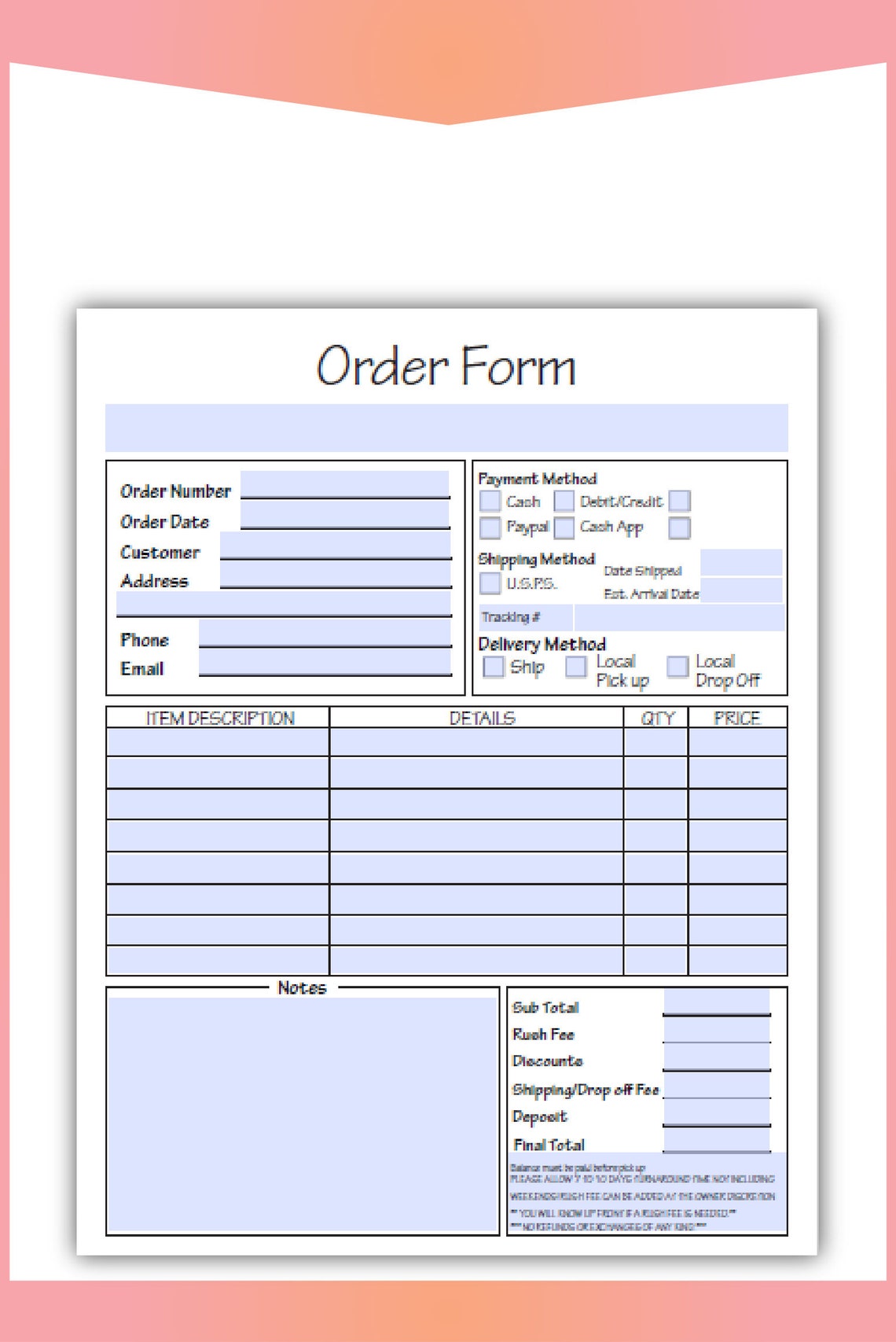 General Order Form Fillable Text Only Pdf Letter Size Instant - Etsy