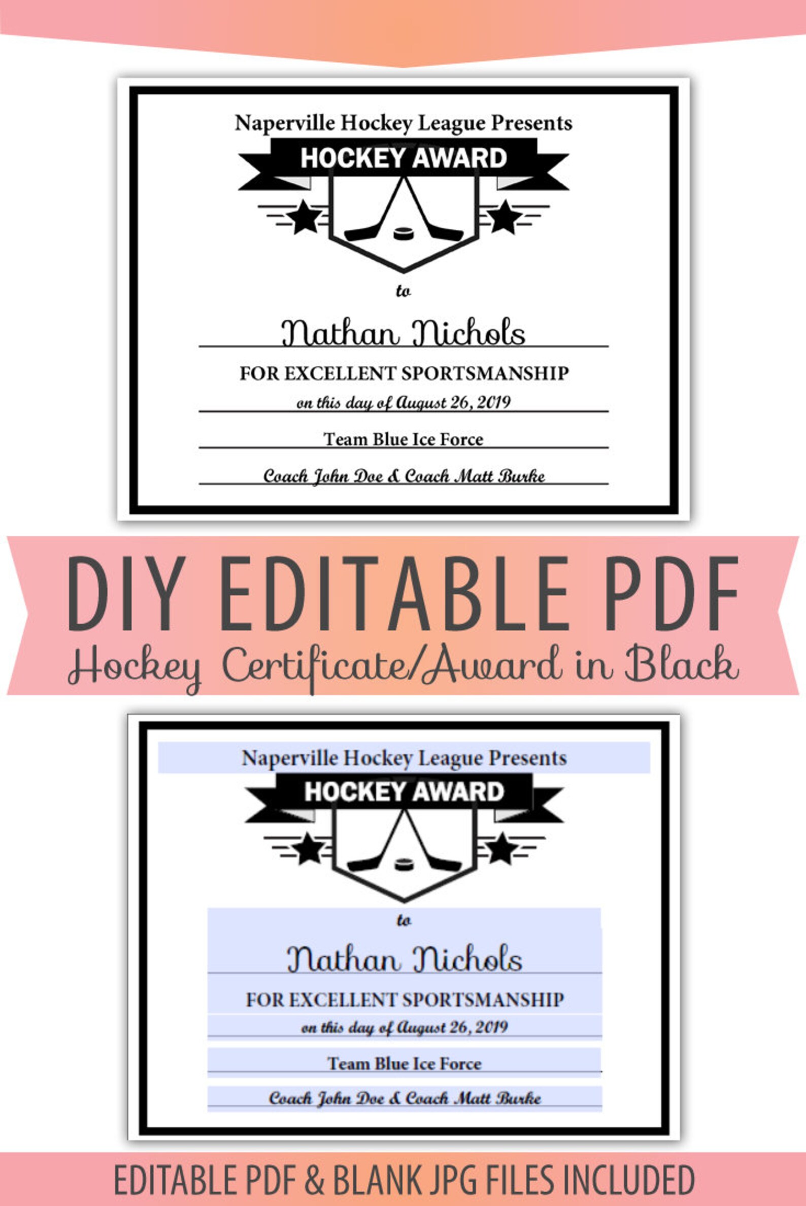Editable PDF Hockey Sports Team Certificate Award Template Letter Size ...