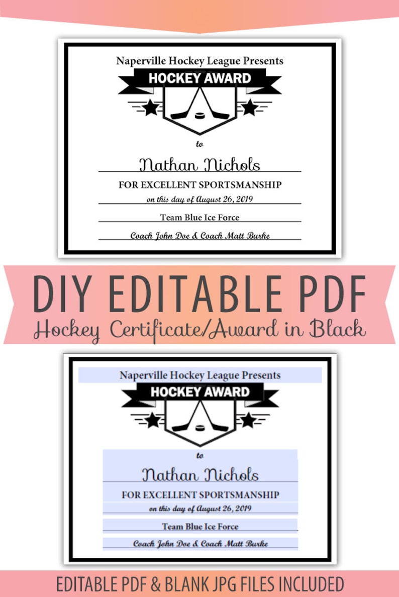 Editable PDF Hockey Sports Team Certificate Award Template Letter Size ...