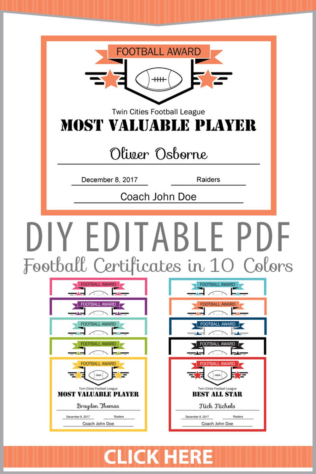 Editable PDF Sports Team Football Certificate Award Template in 10 ...