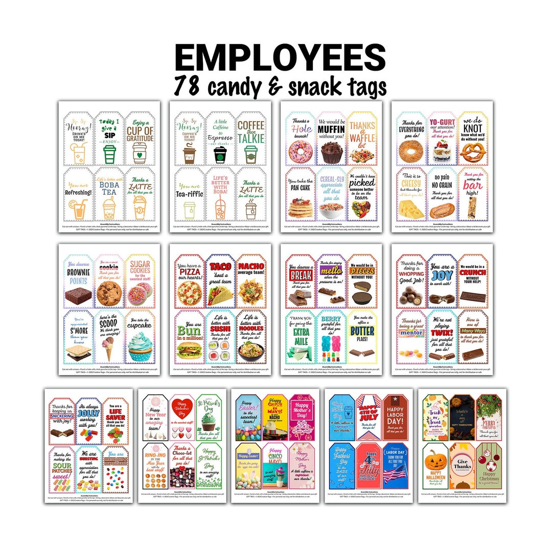 78 Employee Appreciation Tag Bundle, Snack & Candy Gift Tags, Staff ...