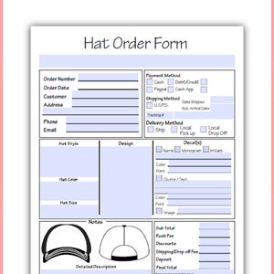 Hat Order Form Fillable Text Only Pdf Letter Size Instant Download ...