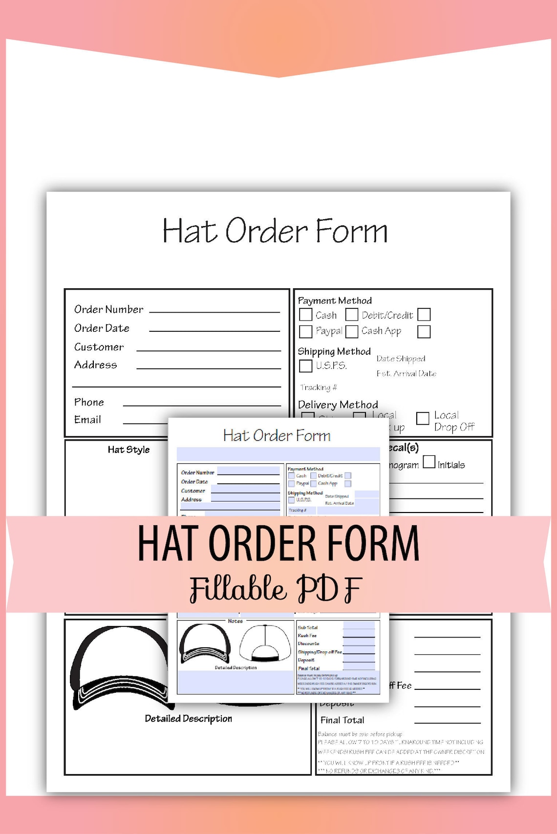 Hat Order Form Fillable Text Only Pdf Letter Size Instant - Etsy