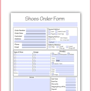 Shoe Order Form Fillable Text Only Pdf Letter Size Instant Download ...