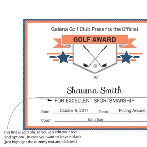 Editable PDF Sports Game Team Golf Certificate Award Template in 3 ...