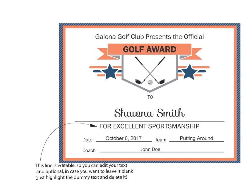 Editable PDF Sports Game Team Golf Certificate Award Template - Etsy