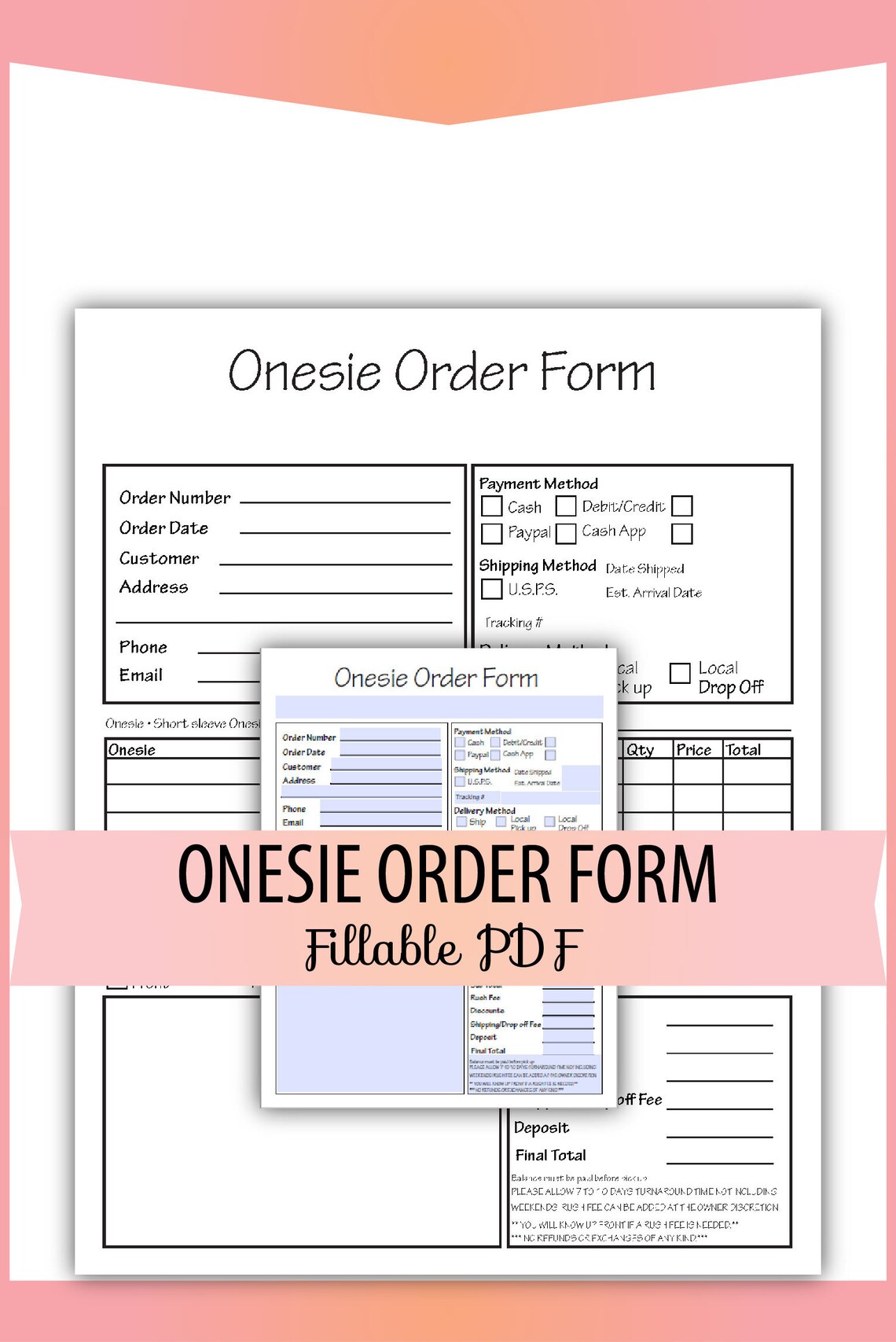 Onesie Order Form Fillable Text Only Pdf Letter Size Instant | Etsy