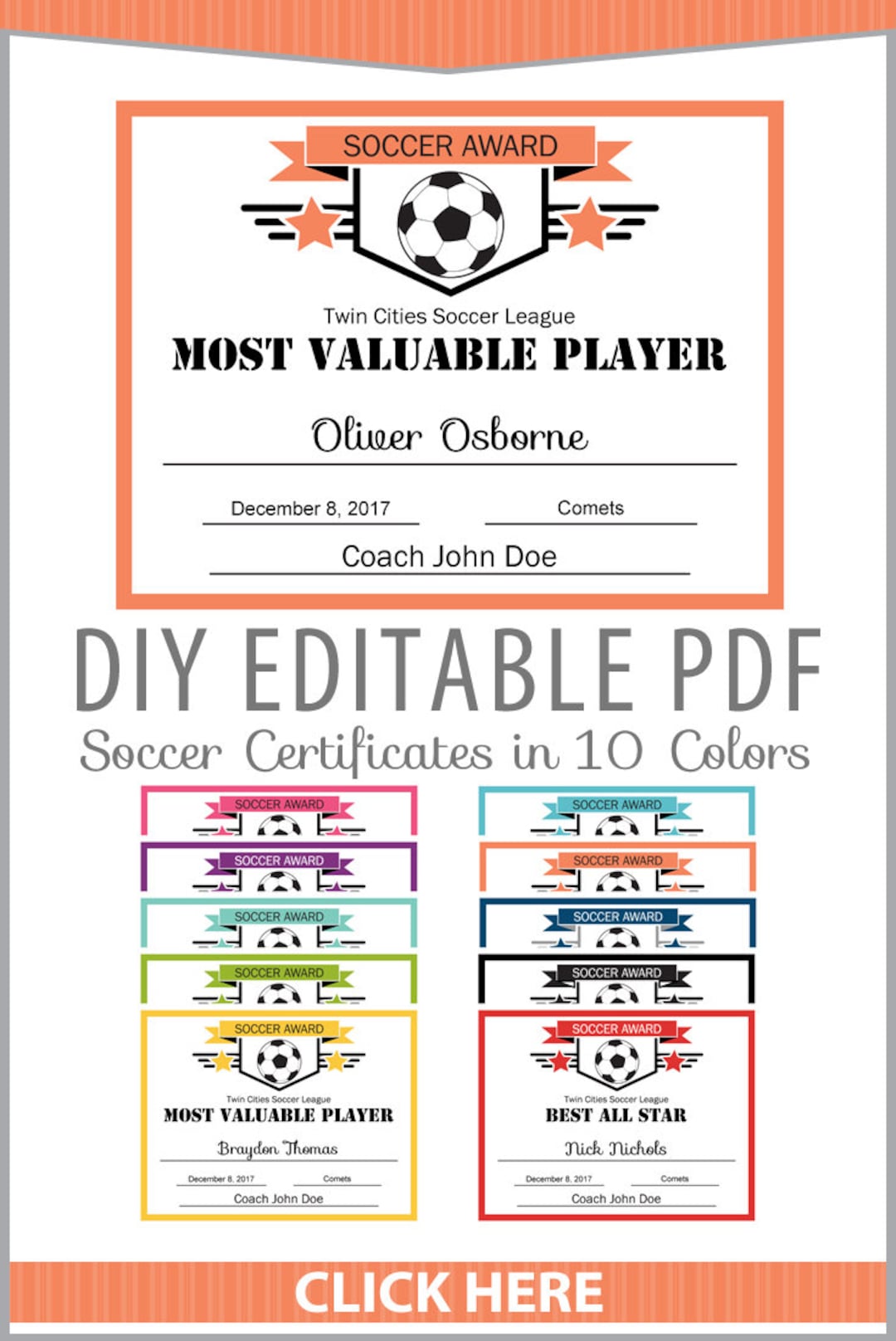 Editable PDF Sports Team Soccer Certificate Award Template in 10 Colors ...