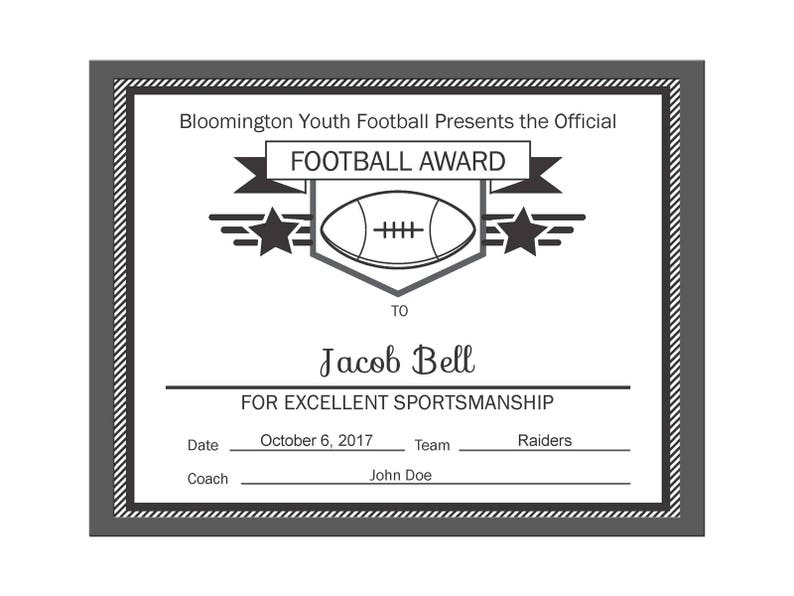 Editable PDF Sports Team Football Certificate Award Template - Etsy