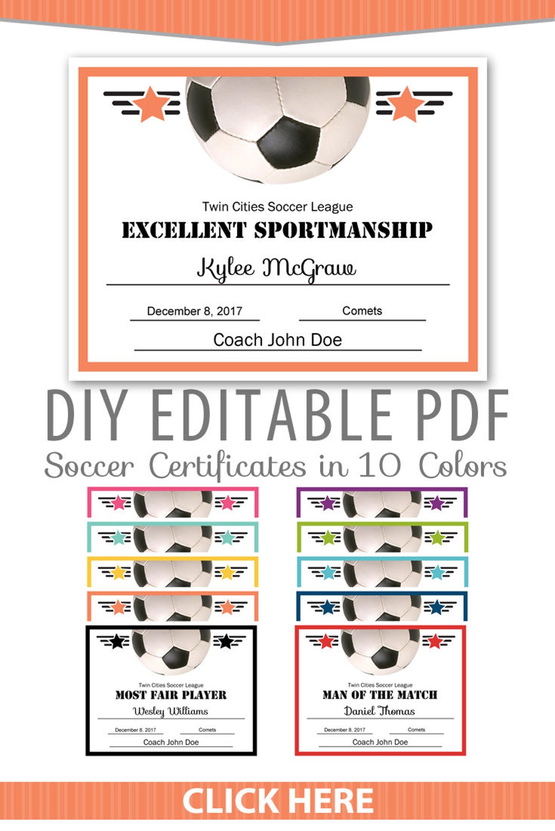 Editable PDF Sports Team Soccer Certificate Award Template in 10 Colors ...