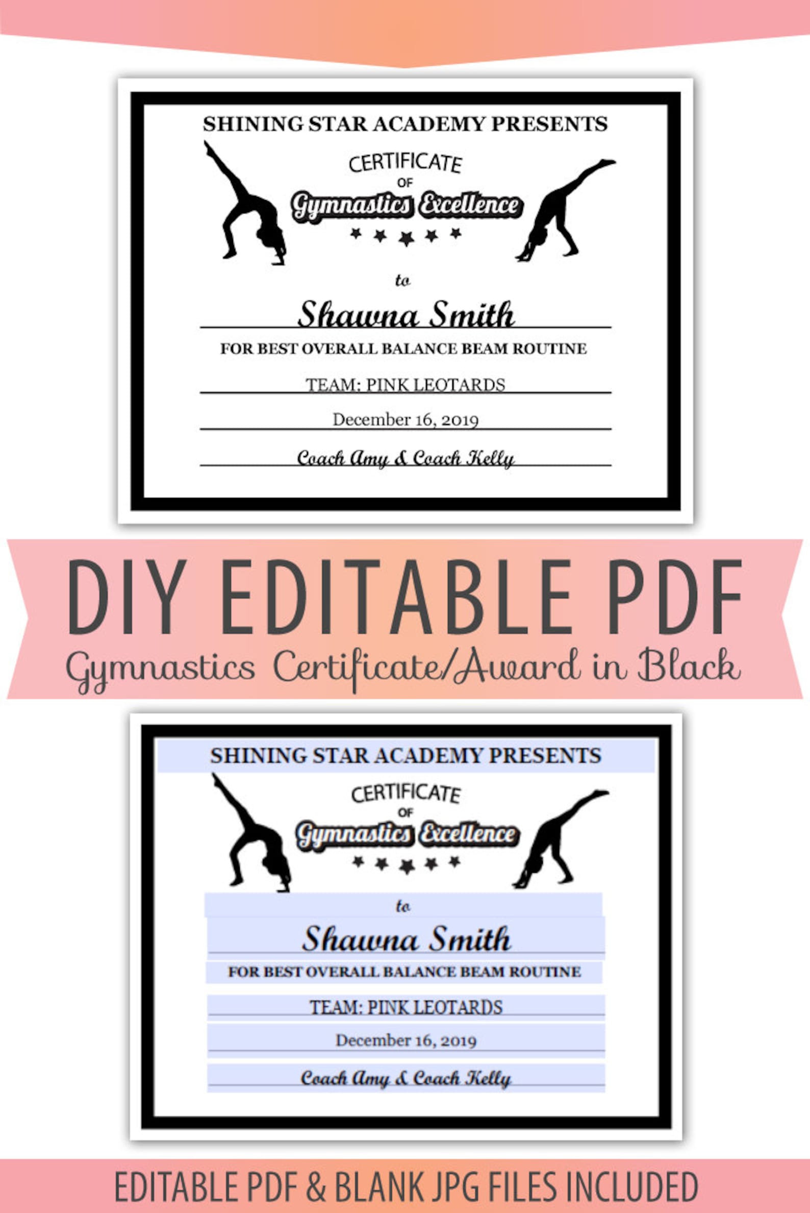 Gymnastics Certificate Award Template: Editable PDF (instant Download ...