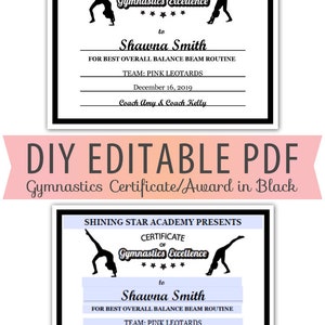 Editable PDF Sports Team Gymnastics Certificate Award Template in Black ...