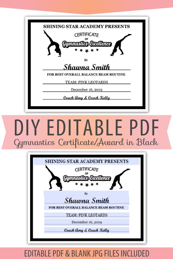 Toys & Games Editable PDF Sports Team Gymnastics Certificate Award ...
