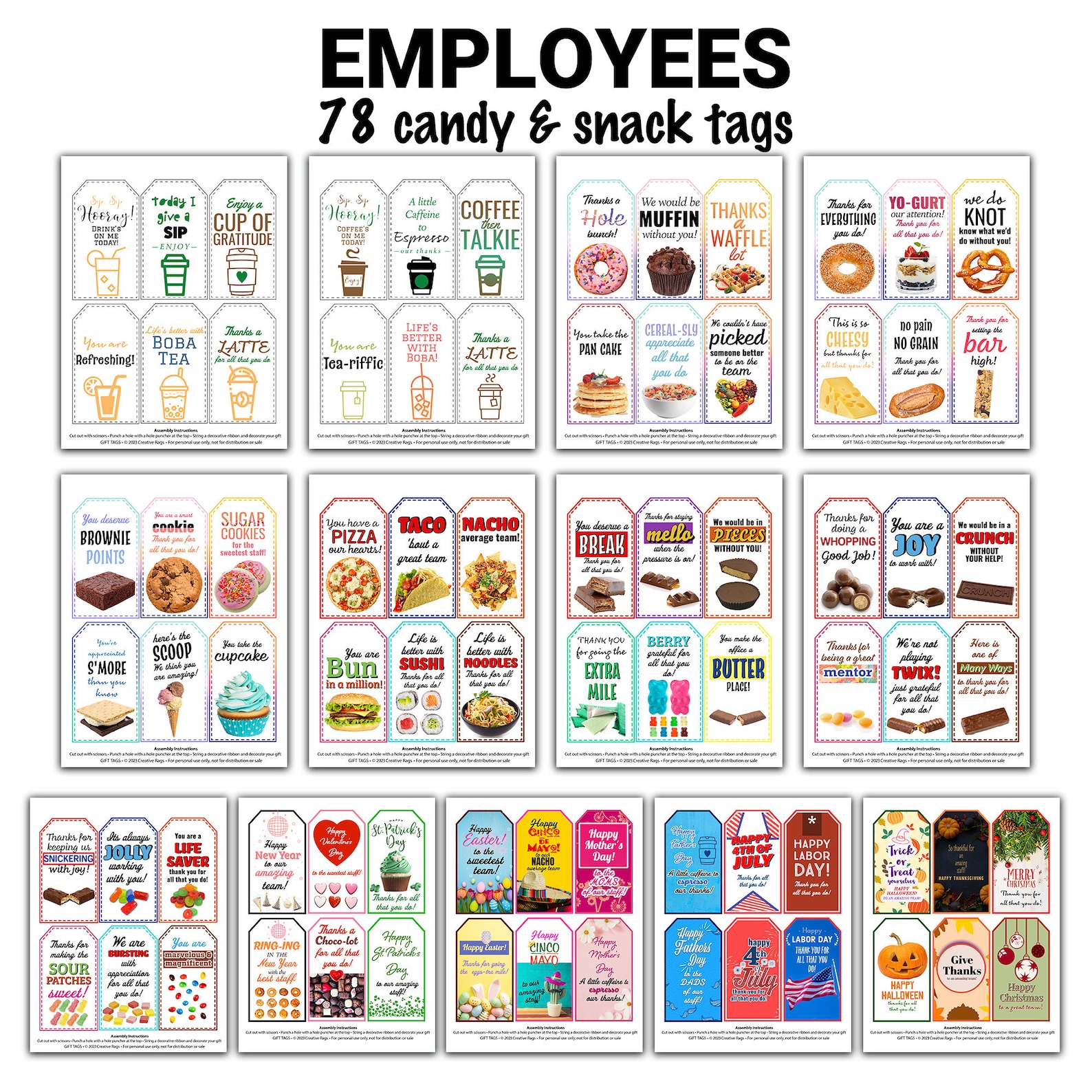78 Employee Appreciation Tag Bundle, Snack & Candy Gift Tags, Staff ...