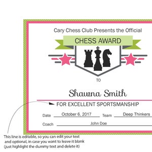 Editable Chess Team Award Certificate Template (PDF) - Etsy