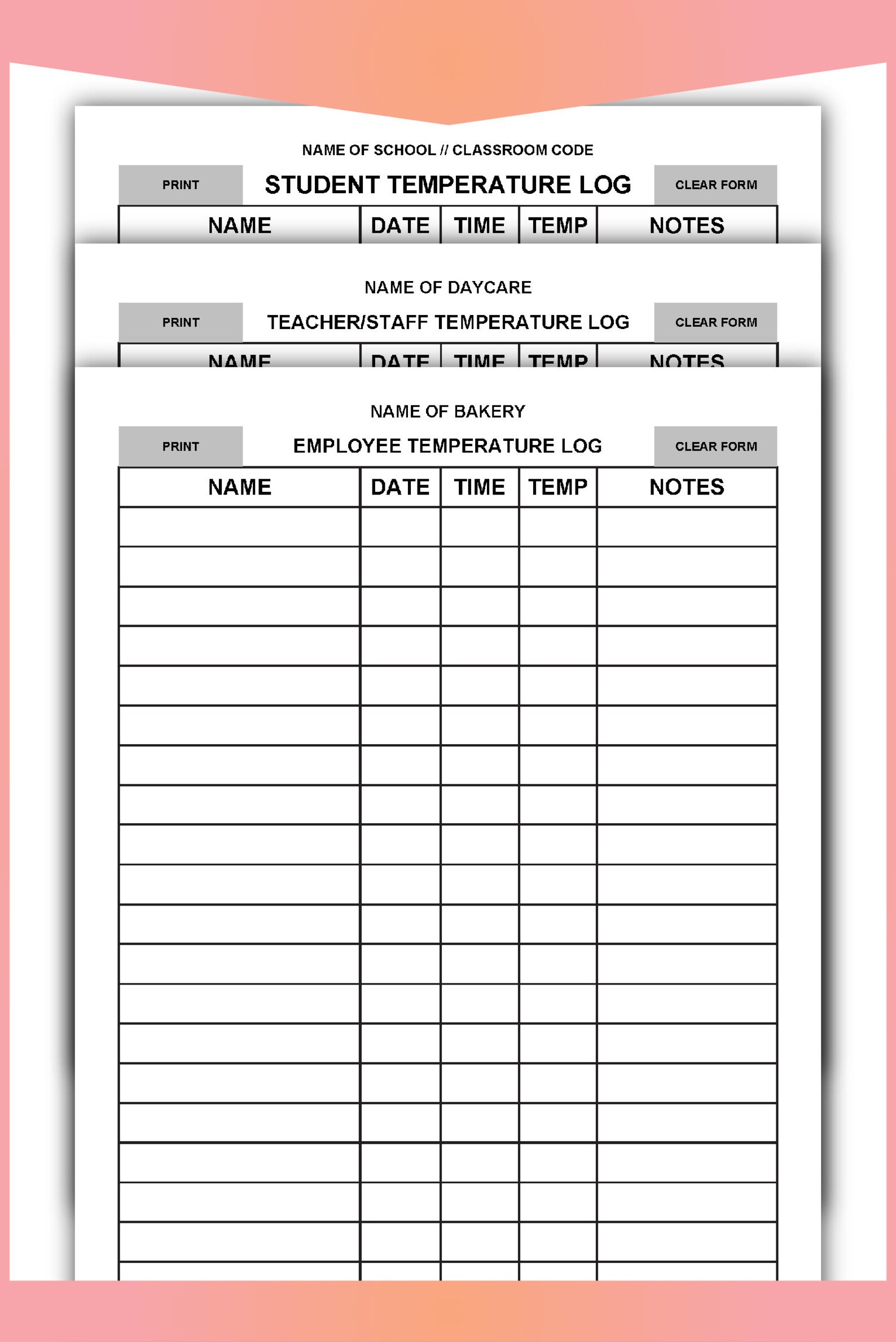 Temperature Screening Log Form Fillable/editable Text Only PDF - Etsy