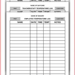 Temperature Screening Log Form Fillable/editable Text Only PDF With ...