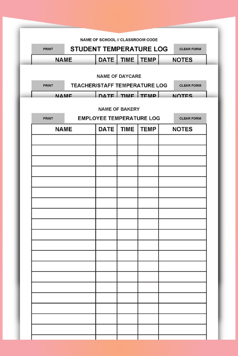 Temperature Screening Log Form Fillable/editable Text Only PDF | Etsy
