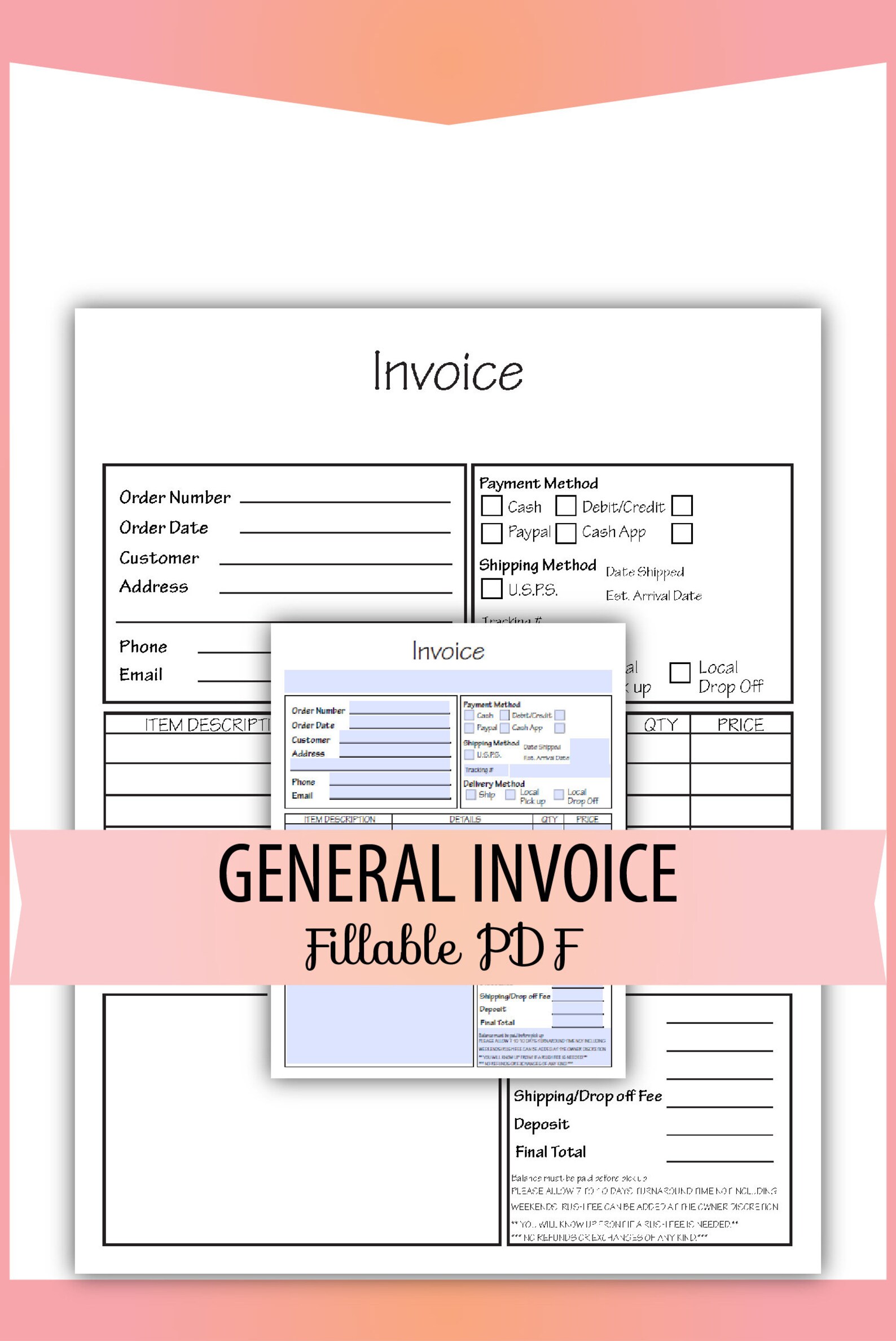 General Invoice Form Fillable Text Only Pdf Letter Size Instant ...