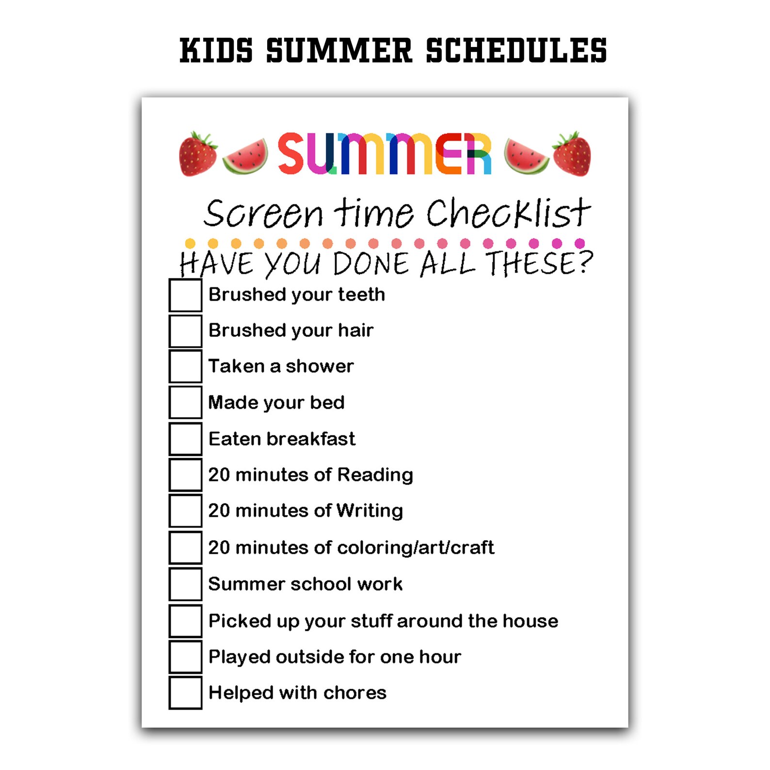 Summer Rules Schedules Fillable/ Editable/printable 9 Page PDF Kids ...