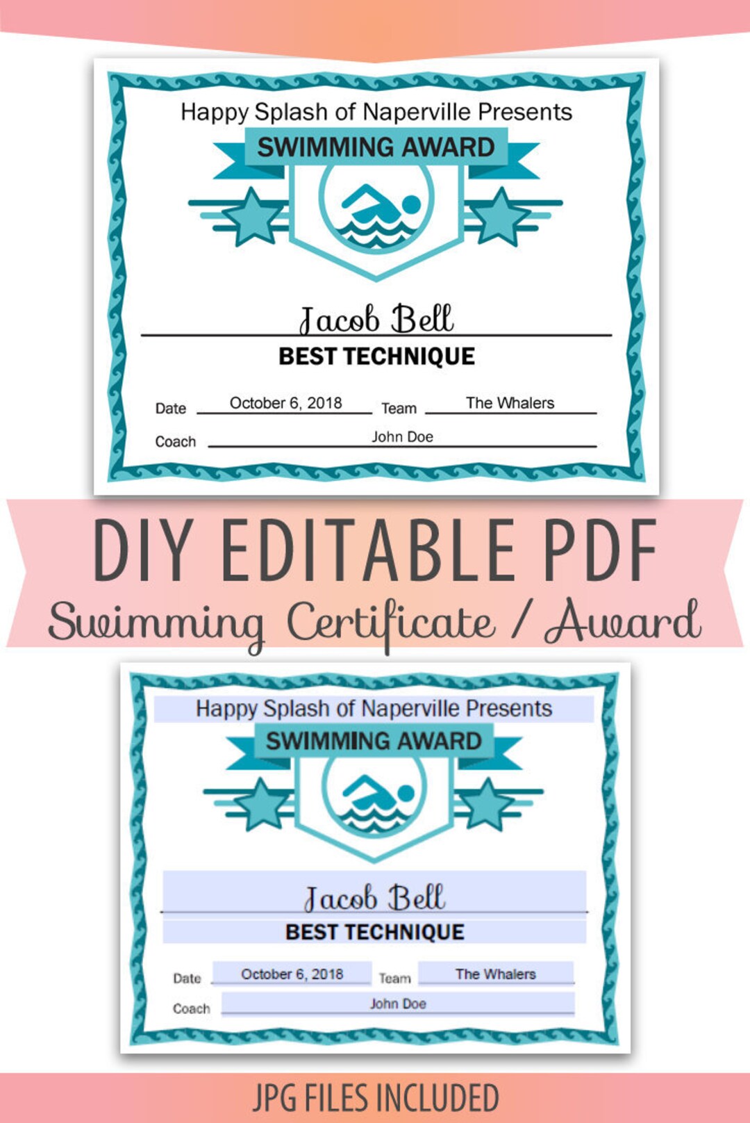 Editable PDF Sports Team Swim Swimming Certificate Award Template ...