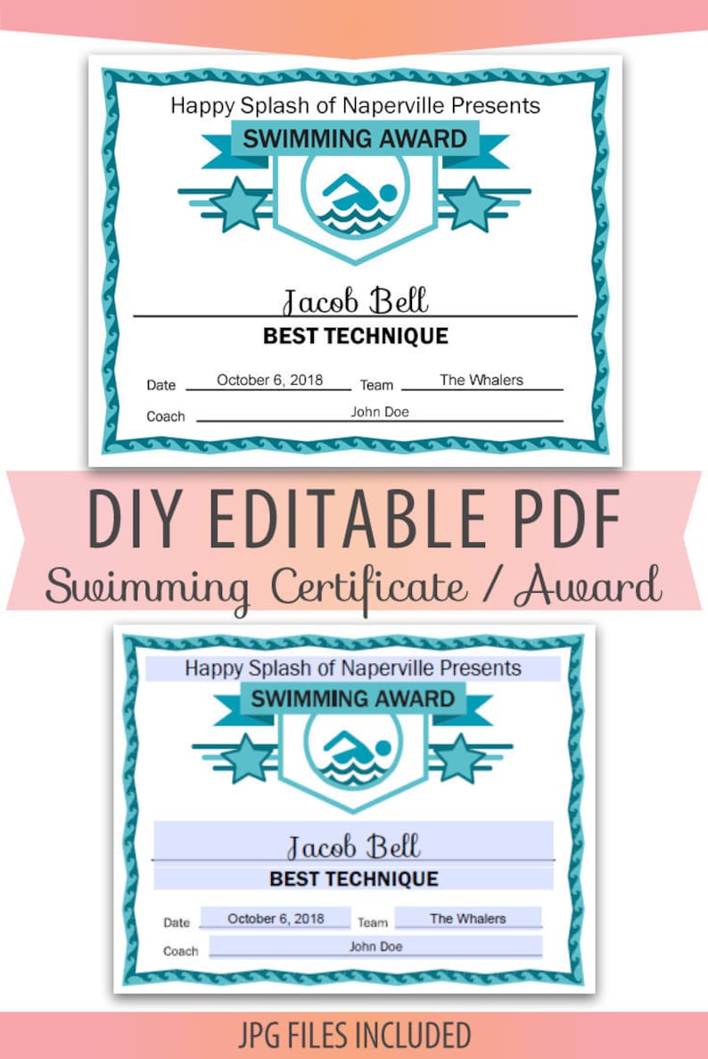 Editable PDF Sports Team Swim Swimming Certificate Award - Etsy