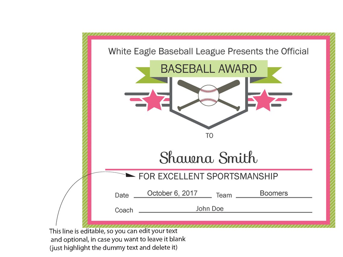 Editable PDF Sports Team Baseball Certificate Award Template | Etsy