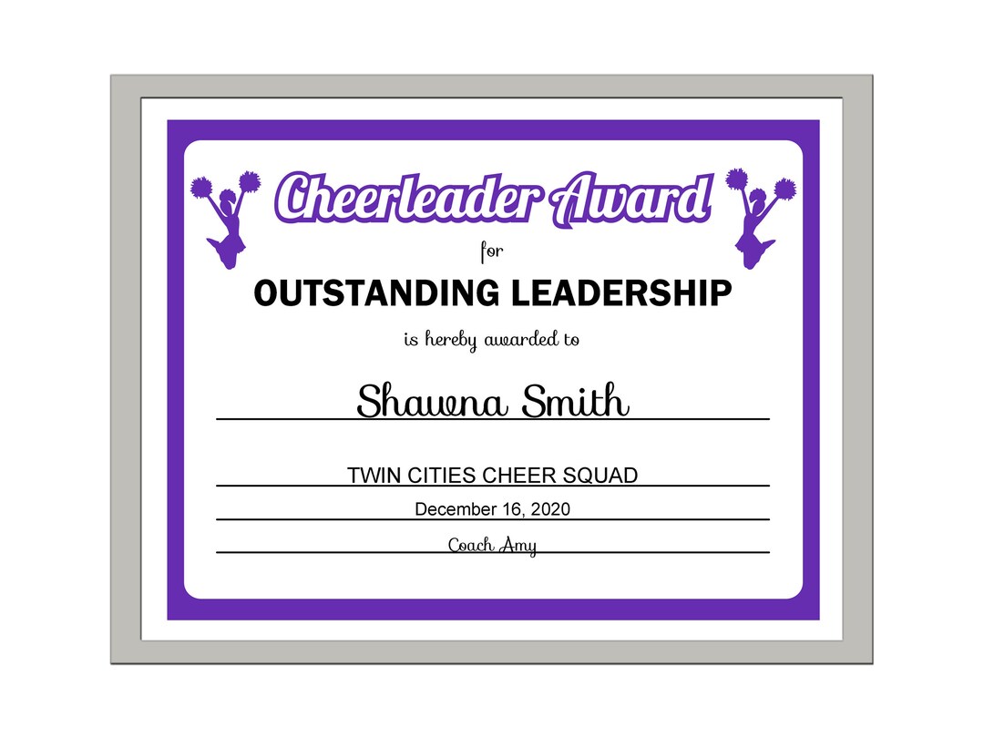 Cheerleader Cheer Certificate Editable PDF Purple Sports Team Diy ...