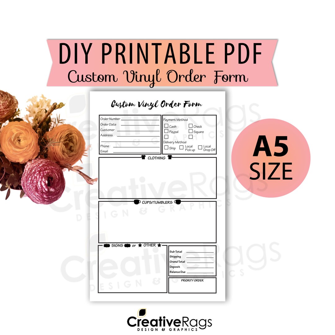 Vinyl Decals Order Form PDF JPG Sheet A5 Size 5.8x 8.3 Forms Blank ...