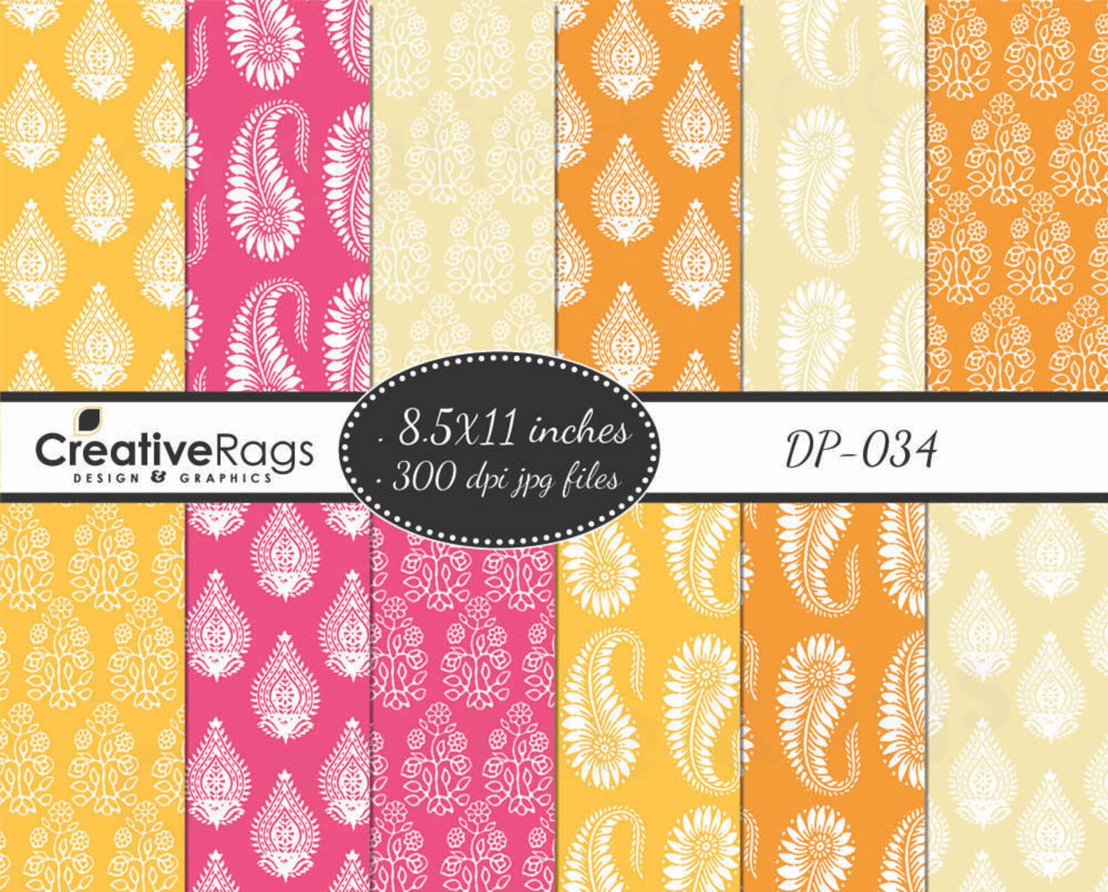 12 Paisley Henna Block Prints Orange Pink Yellow Digital Paper | Etsy
