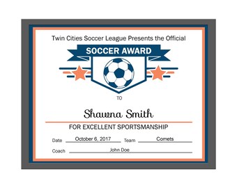 Editable PDF Sports Team Soccer Certificate Diy Award Template | Etsy