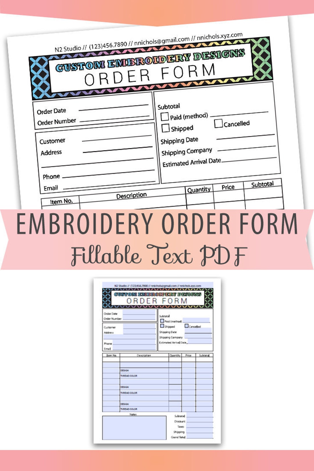 Embroidery Order Form: Fillable Invoice, Sales Sheet (PDF Download) - Etsy