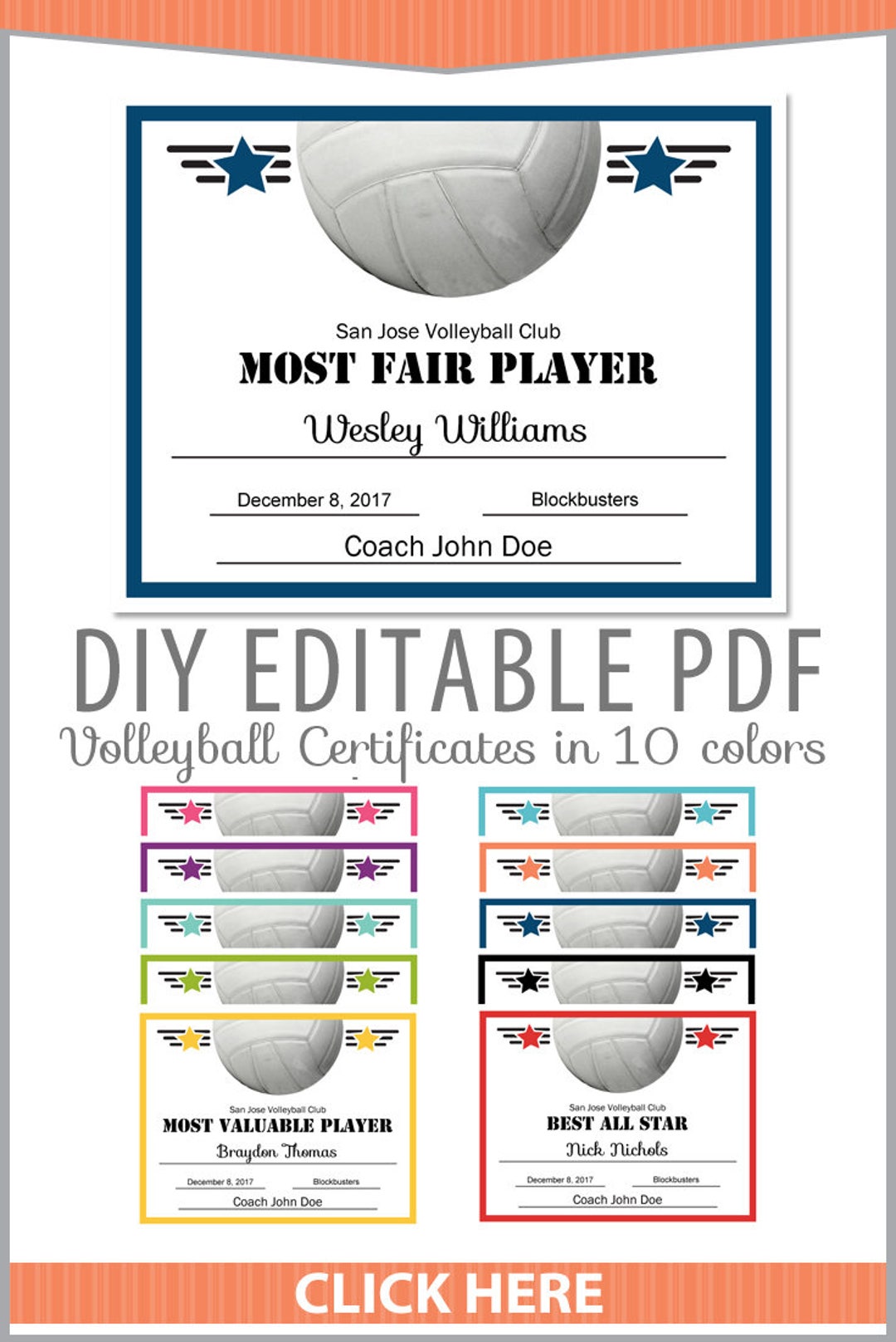 Editable PDF Sports Team Volleyball Certificate Award Template in 10 ...