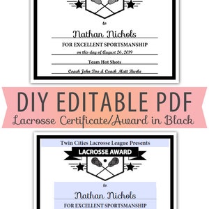 Editable PDF Lacrosse Sports Team Certificate Award Template Letter ...