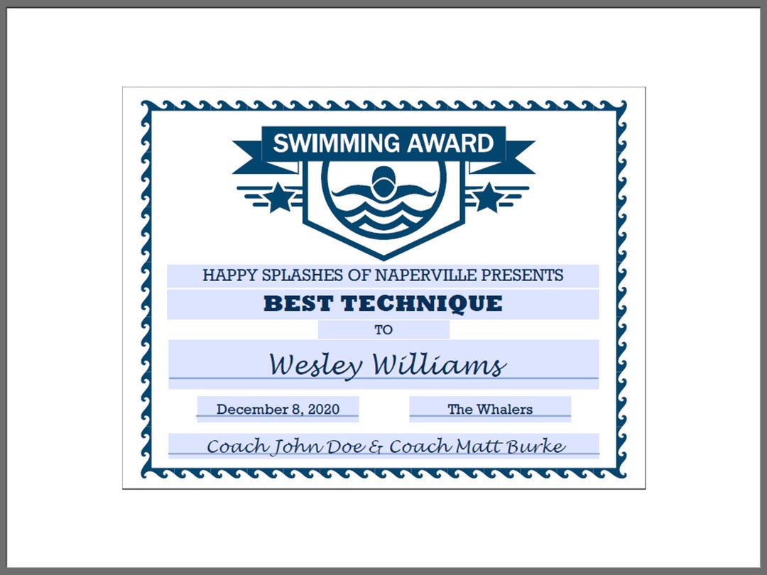 Fillable/editable Text PDF Sports Team Swim Swimming Certificate Award ...